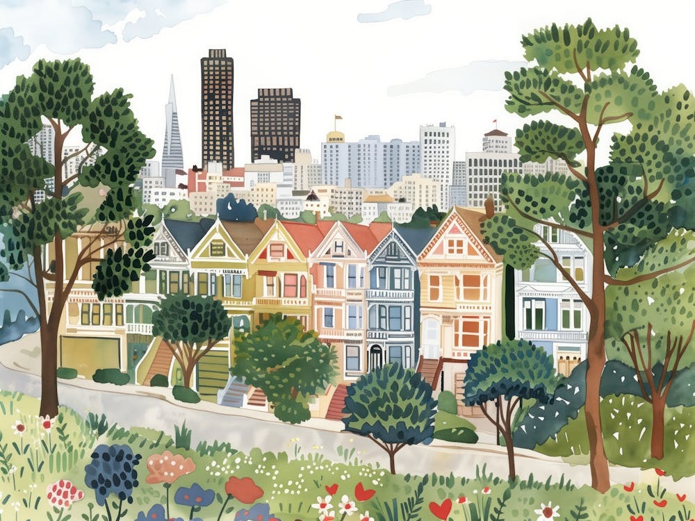 San Francisco Houses Landscape Watercolour Art Print by Mambo – Fy!