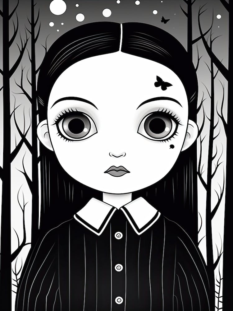 Wednesday Addams Line Art Cartoon 2 Fan Art Art Print by Fusion Designs ...