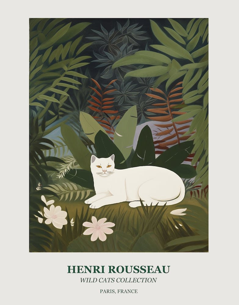 Henri Rousseau Style Wild Cats Collection White Botanical Art Print by ...