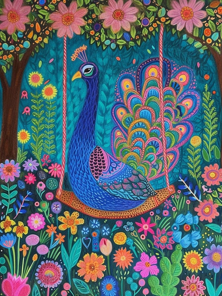 Folky Floral Peacock On A Swing 1 Art Print by Featherline – Fy!