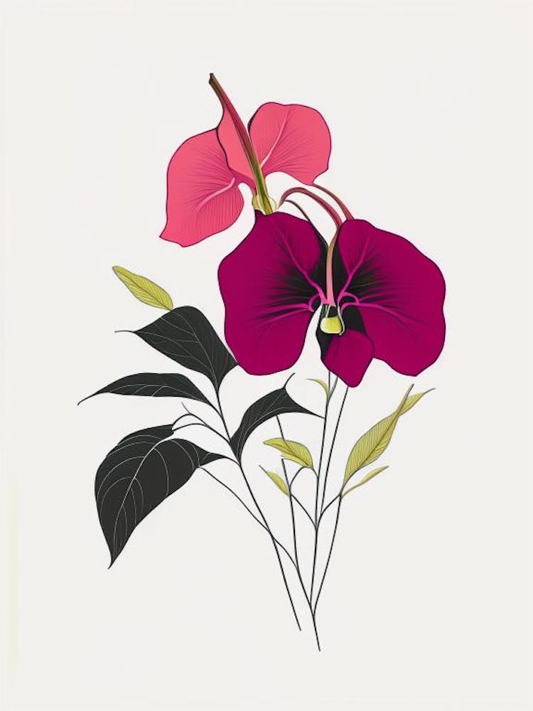 Impatiens Floral Minimal Line Drawing 2 Flower Art Print by The Artsy ...