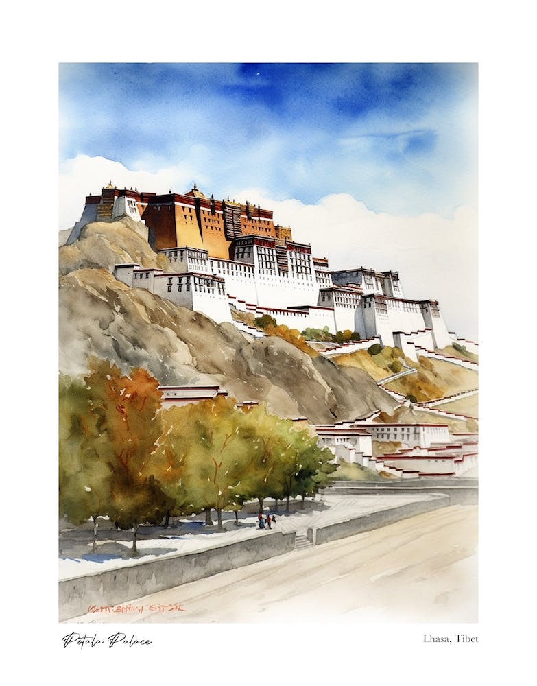 Potala Palace, Tibet 2 Watercolour Travel Poster Art Print by Fusion ...