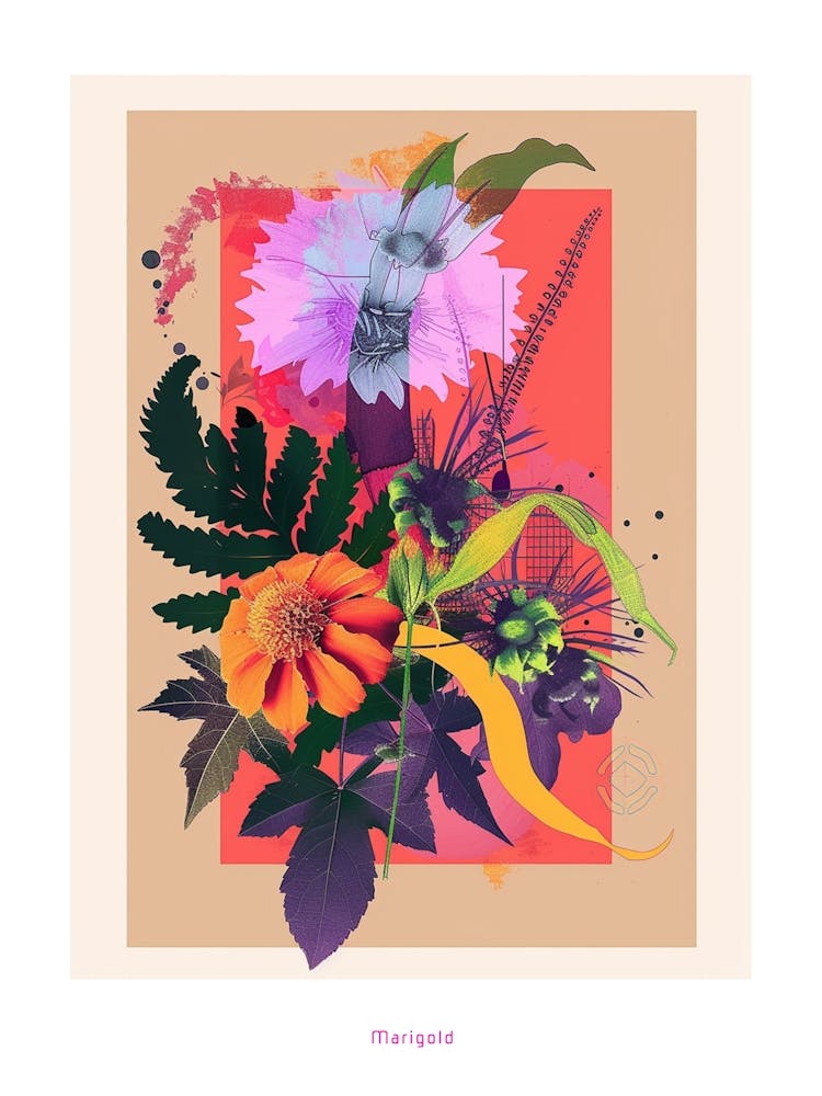 Marigold 1 Neon Flower Collage Poster Art Print by Botanic Studio – Fy!