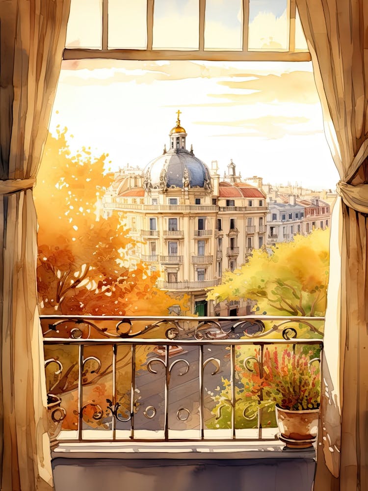 Window View Of Madrid Spain In Autumn Fall, Watercolour 4 Art Print by ...