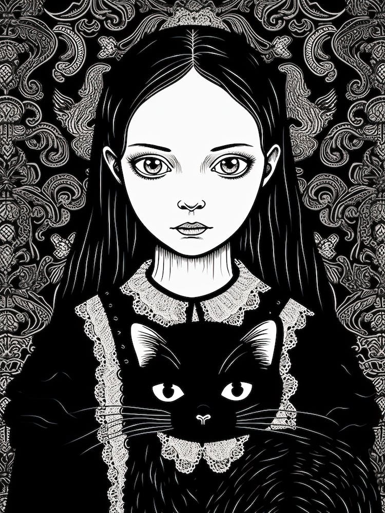 Wednesday Addams And A Cat Line Art Noveau 4 Fan Art Art Print by ...