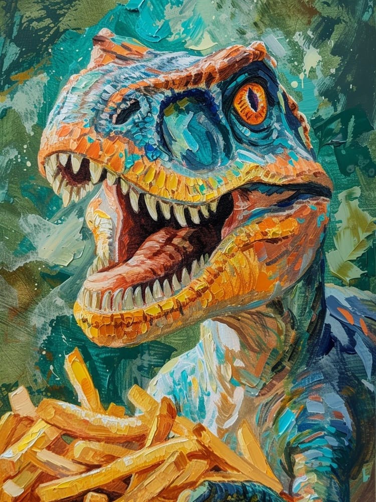 Dinosaur Eating Fries Turquouse Brushstroke Art Print by Dino Delights ...