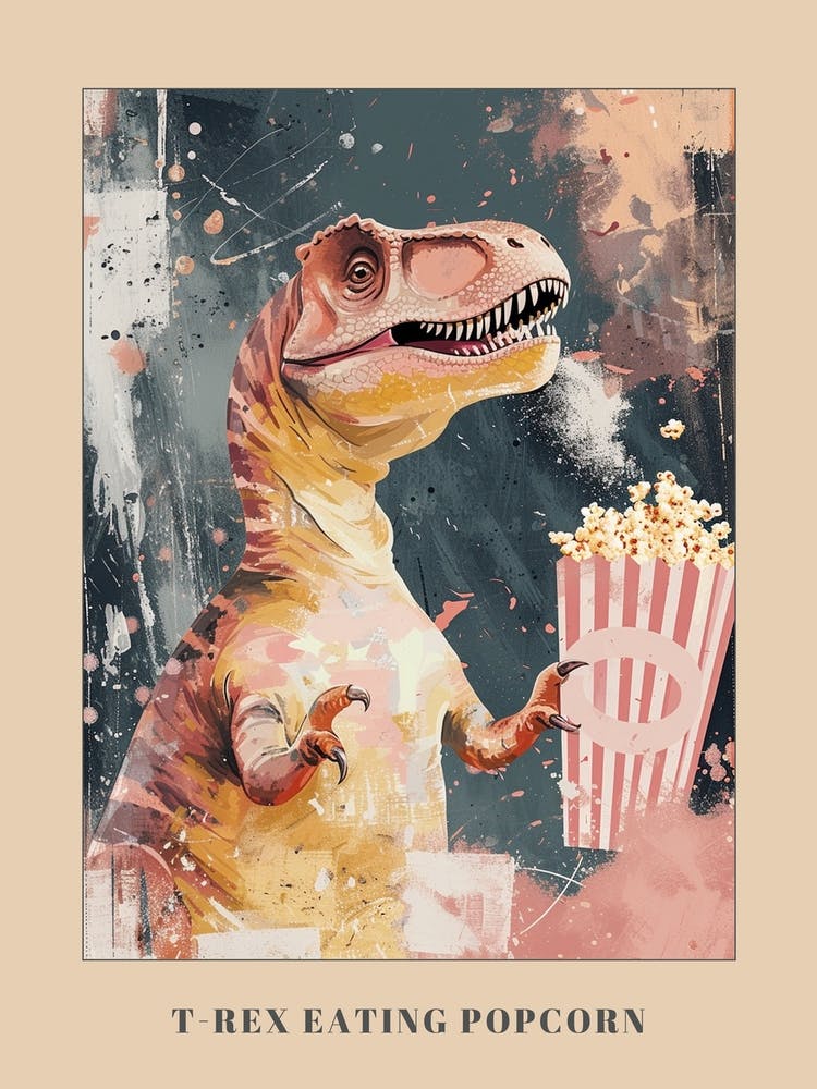 T Rex Dinosaur Eating Popcorn At The Cinema 2 Poster Art Print by Dino ...