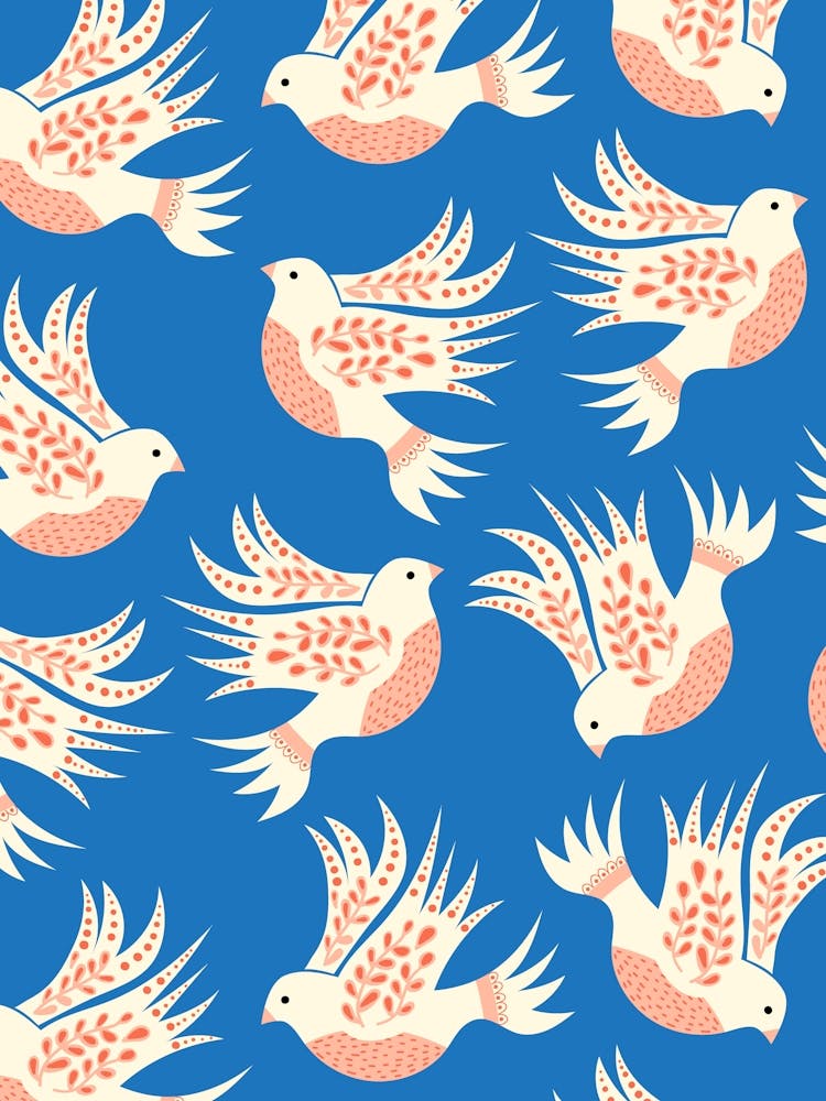 Folk Art Christmas White Doves on Royal Blue Art Print by Sandra Hutter ...