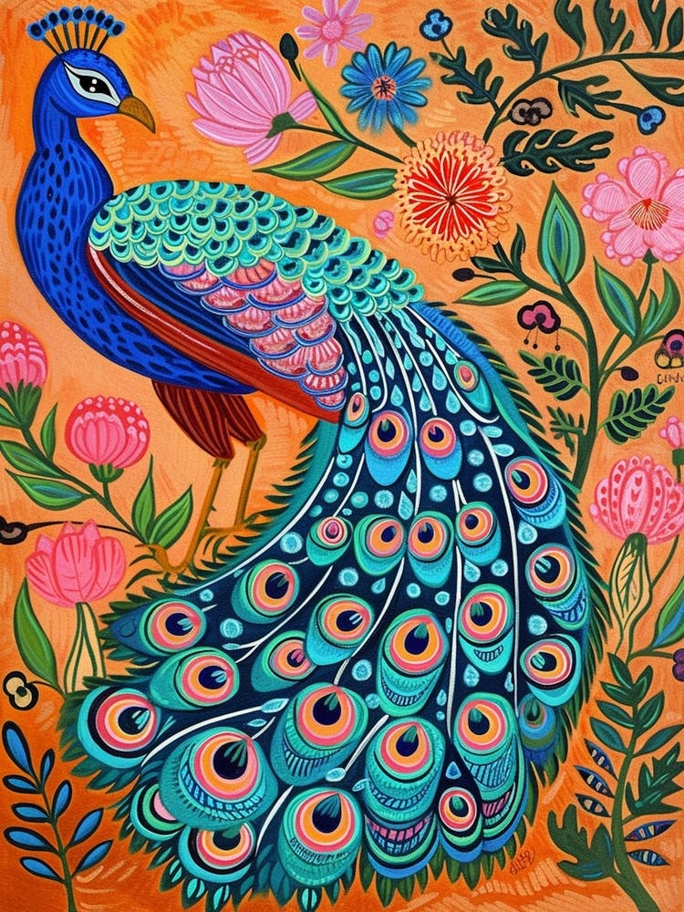 Folky Floral Peacock Portrait 2 Art Print by Featherline – Fy!