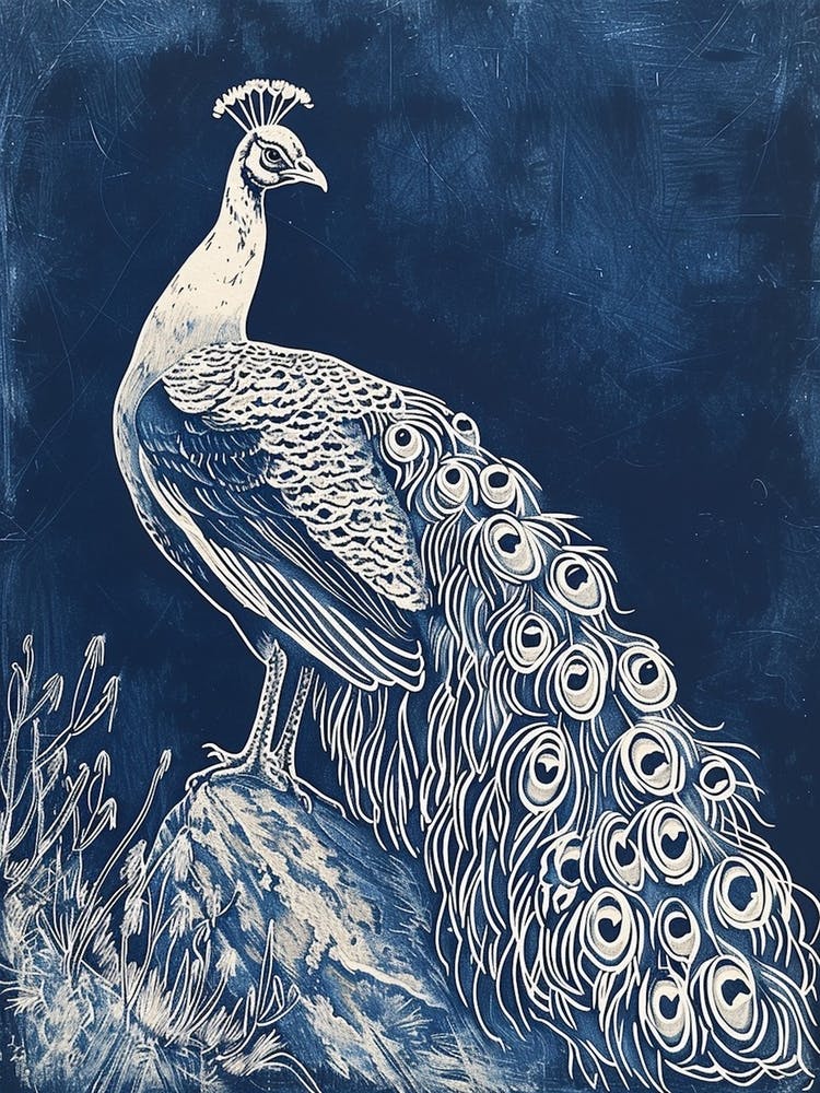 Peacock On A Rock Linocut Inspired 4 Art Print by Featherline – Fy!
