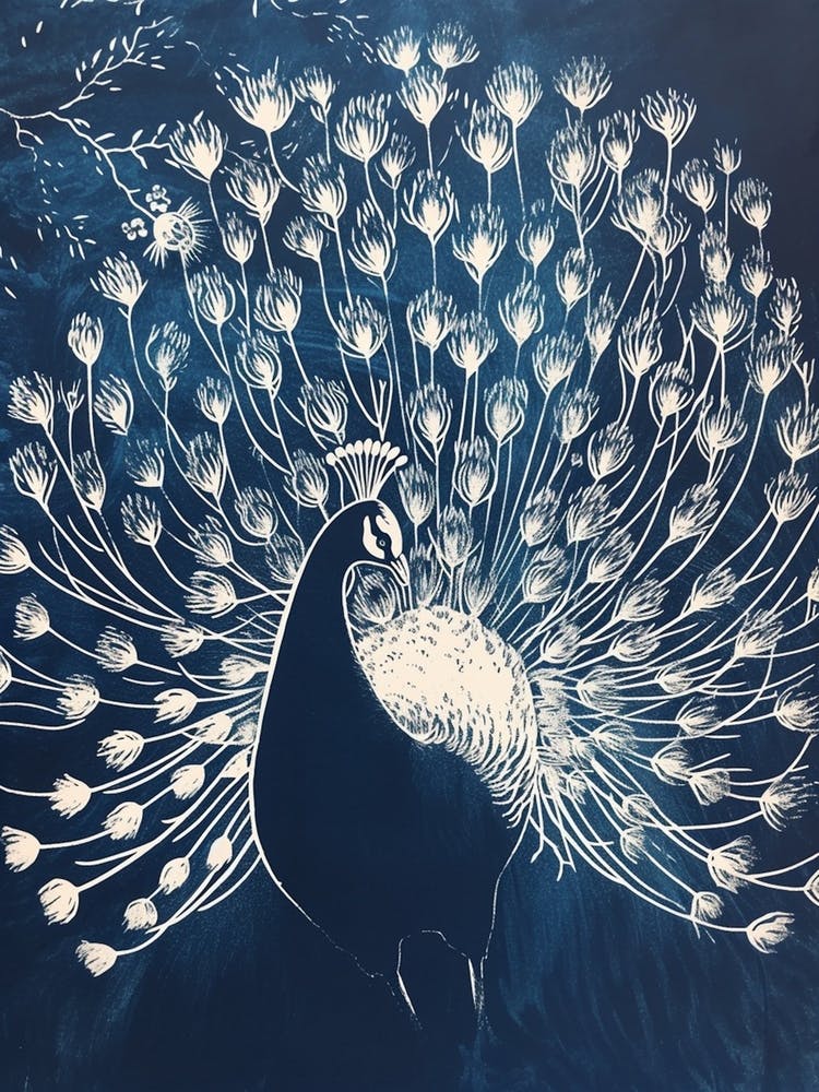 Navy Blue Linocut Inspired Peacock With Feathers Out 4 Art Print by ...