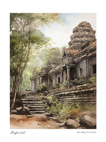 Angkor Wat Cambodia 3 Watercolour Travel Poster Art Print by Fusion ...