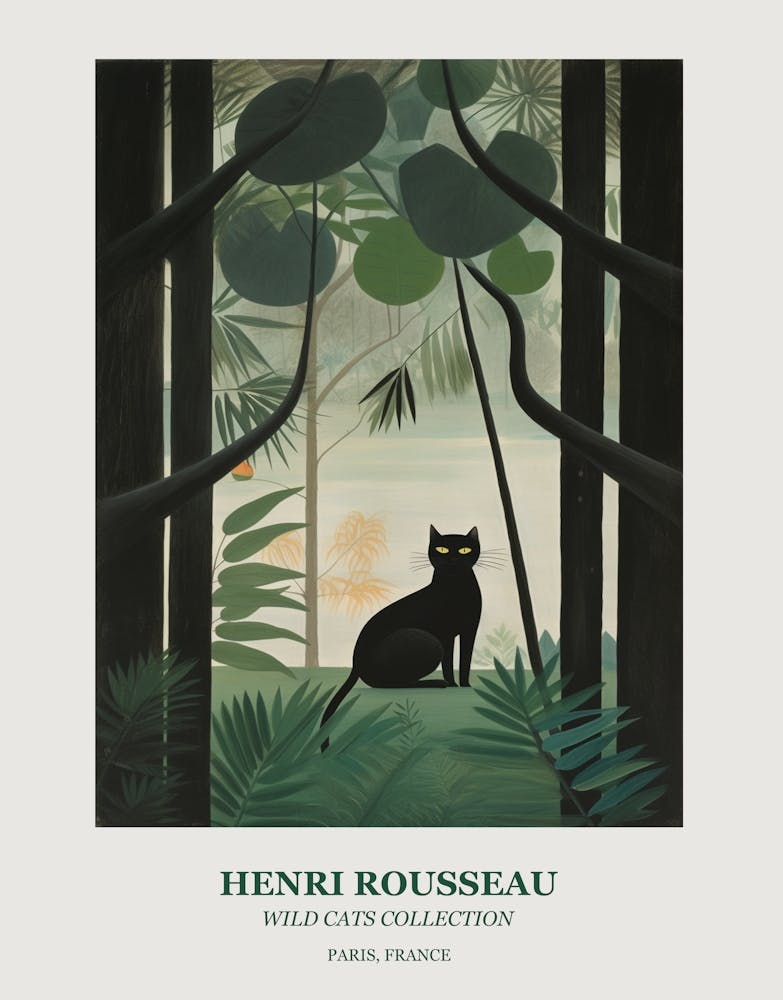Henri Rousseau Style Wild Cats Collection Black Botanical Art Print by ...