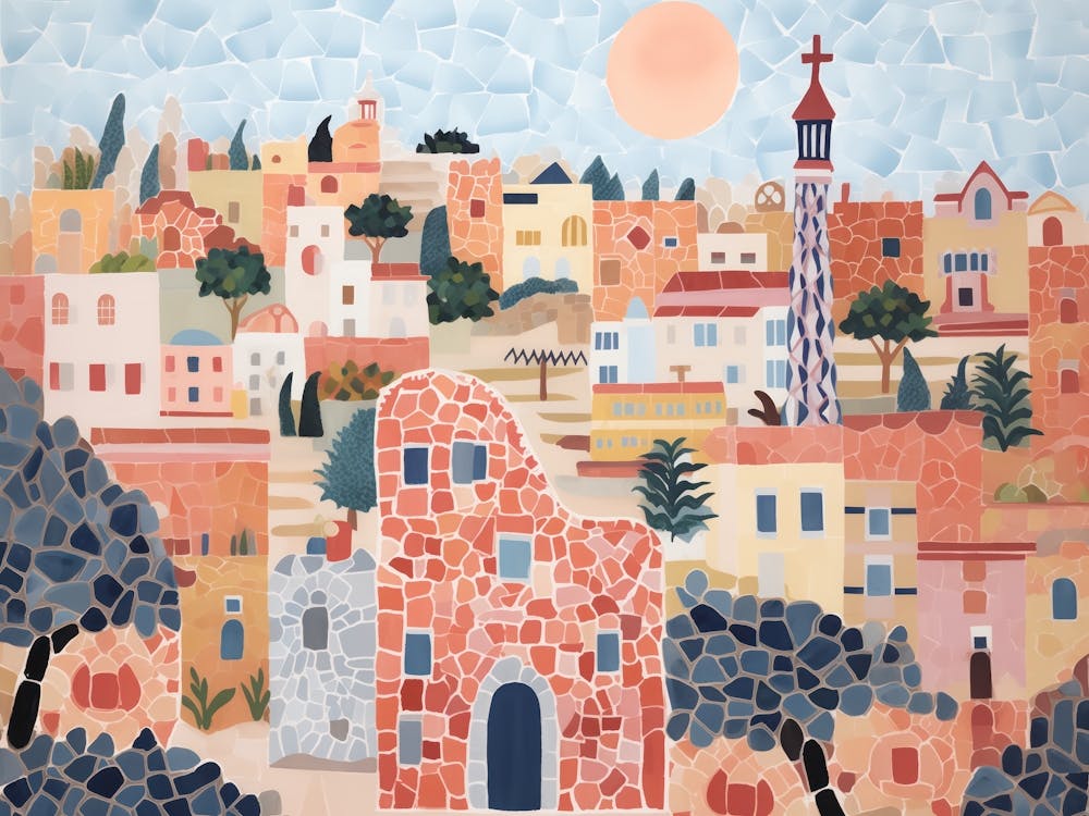 Barcelona Skyline Painting Landscape Art Print by Mambo – Fy!
