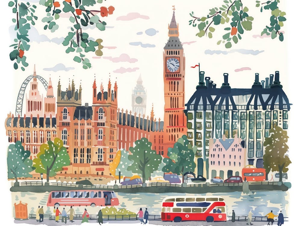 London Landmarks Landscape Watercolour Art Print by Mambo – Fy!