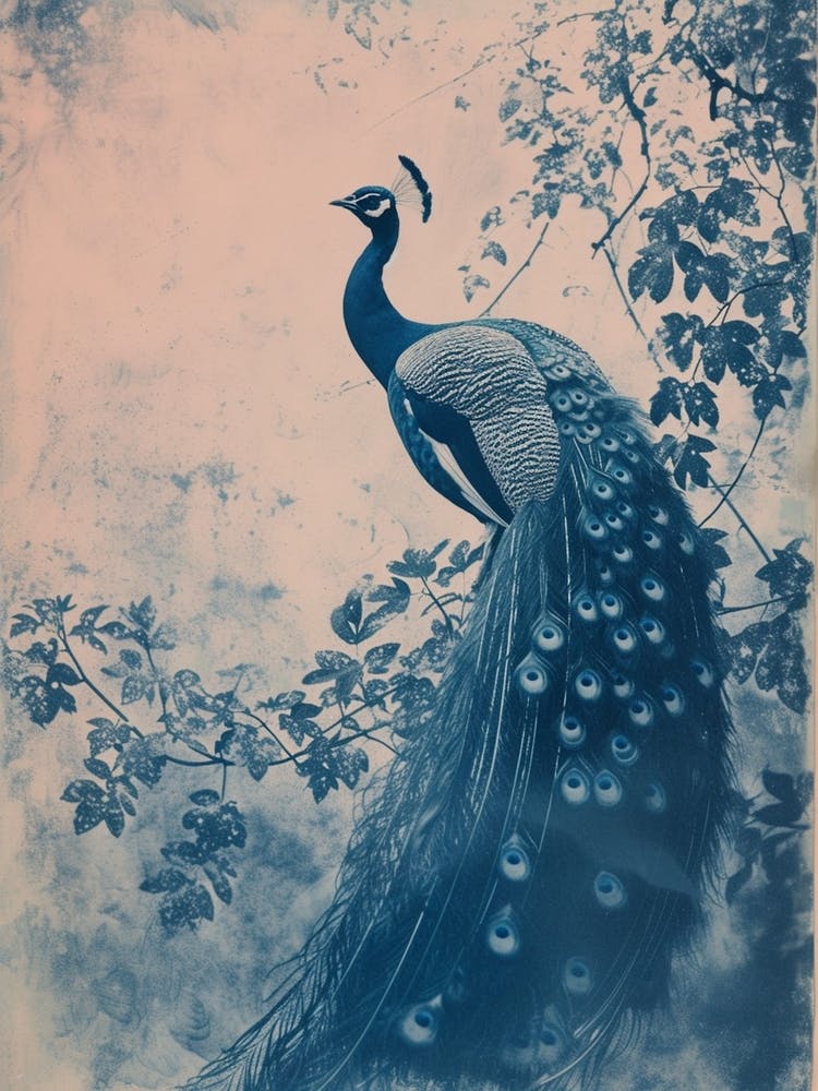 Blue Peacock & Ivory Cyanotype Inspired Art Print by Featherline – Fy!