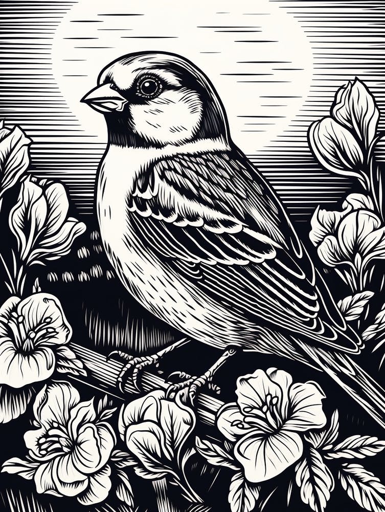 B&W Bird Linocut House Sparrow 2 Art Print by Feathered Muse – Fy!