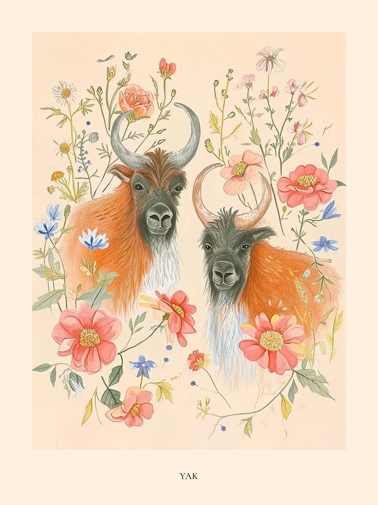Folksy Floral Animal Drawing Yak 3 Poster Art Print by Scribble Studio ...