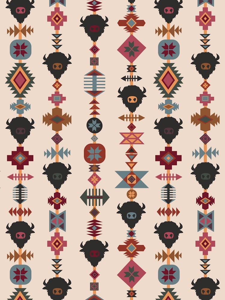 American Buffalo and Aztec Lines Berry Multicolor Art Print by Sandra ...