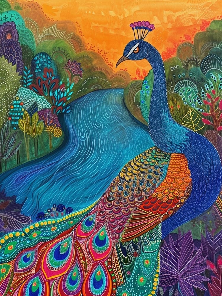 Colourful Pattern Peacock By The River 2 Art Print by Featherline – Fy!