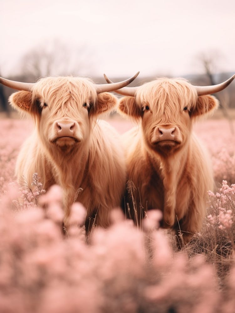 Portrait Of Two Highland Cows In The Field Pink Realistic Photography 3 ...
