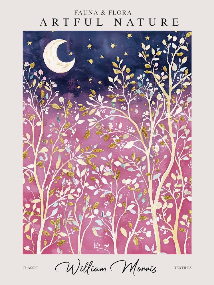 William Morris Moon Stars Botanical Pink Blue Exhibition Art Print by ...