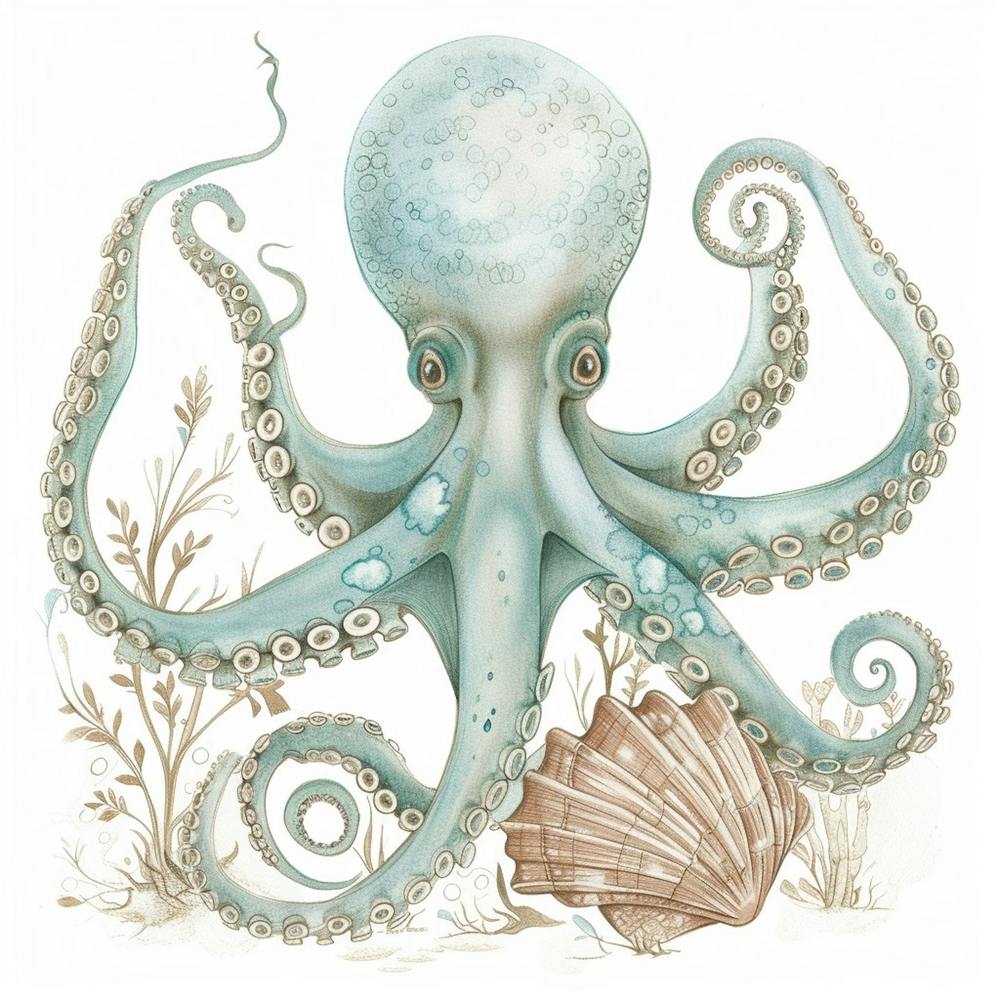Storybook Style Octopus With Shells 2 Art Print by Energy of the Sea – Fy!