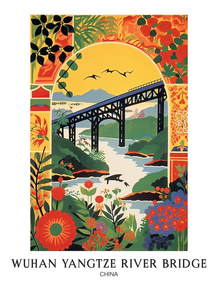 Wuhan Yangtze River Bridge, China, Colourful Travel Poster Art Print by ...