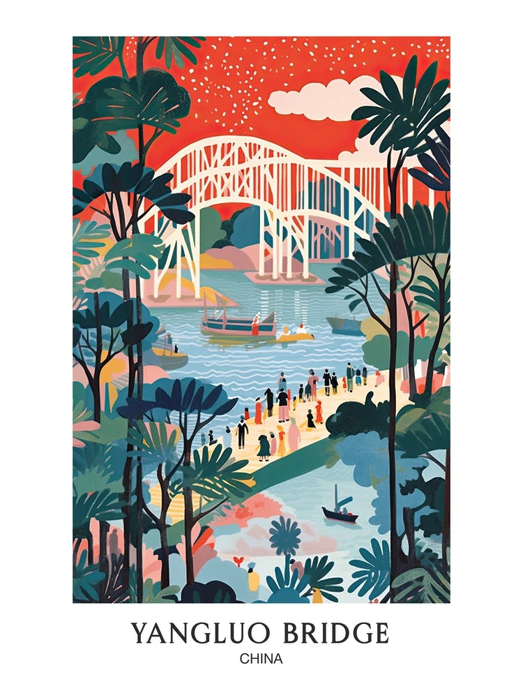 Yangluo Yangtze River Bridge, China Colourful 2 Travel Poster Art Print ...