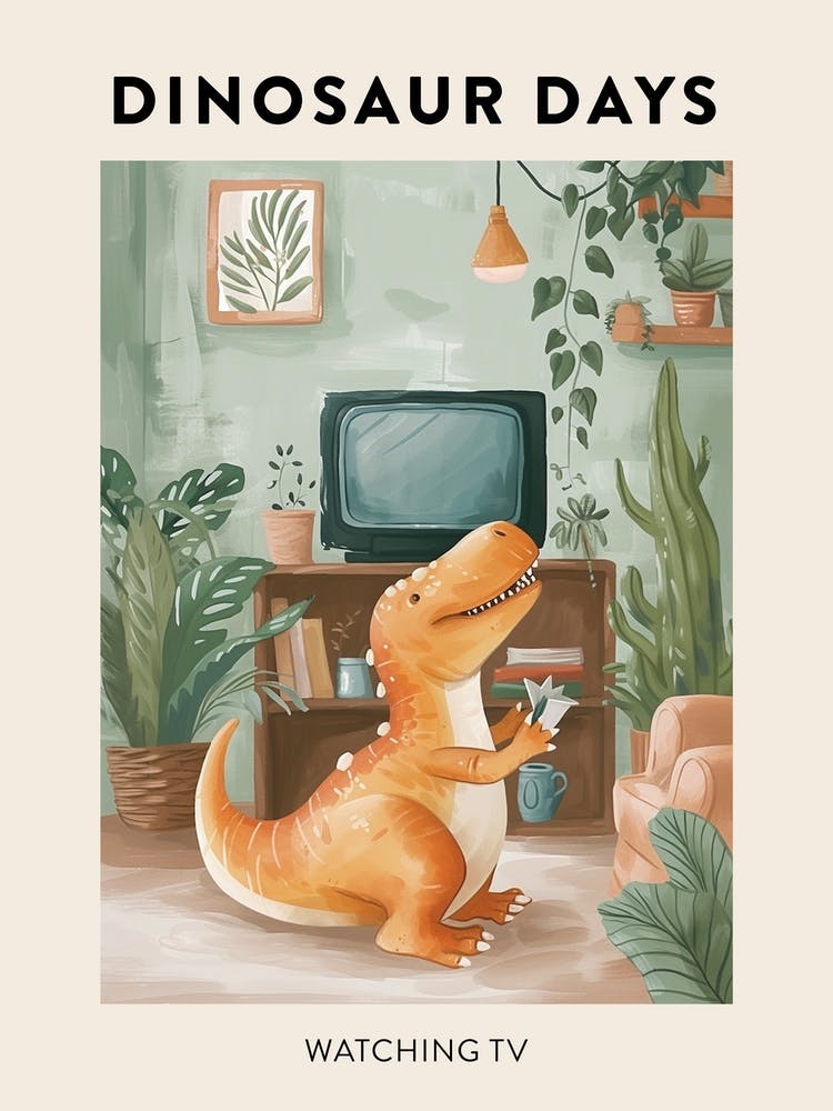 Dinosaur Watching Tv Poster 1 Art Print by Dino Delights – Fy!