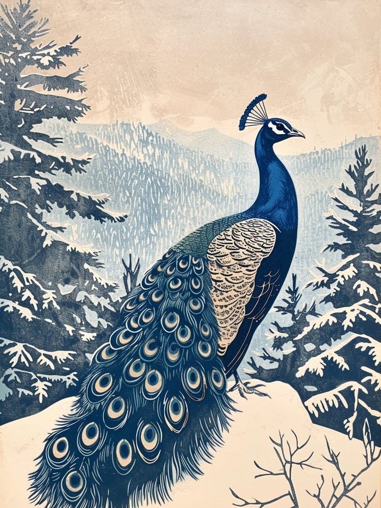 Blue Linocut Peacock Snow Scene 2 Art Print by Featherline – Fy!