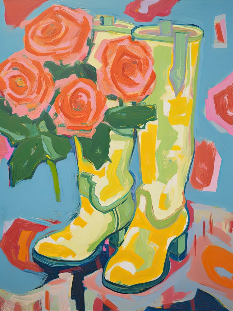 Painting Of Roses Flowers And Cowboy Boots, Oil Style 4 Art Print by ...
