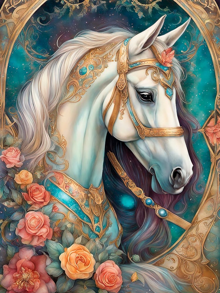 White Horse With Roses Art Print by viart. – Fy!