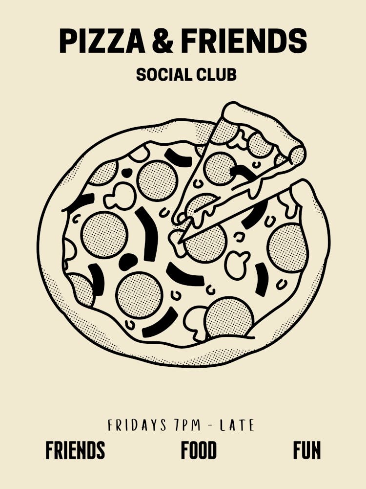 Pizza And Friends Social Club Food Kitchen Art Print by Mambo – Fy!