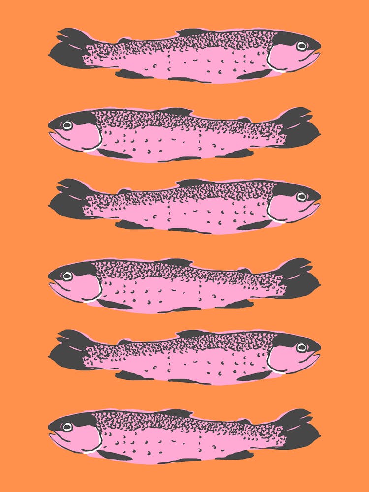 Pink Sardines On a Orange Background Print Art Print by Cherry Bomb Art ...