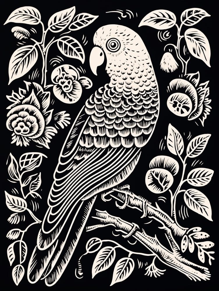 B&W Bird Linocut Parrot 1 Art Print by Feathered Muse – Fy!