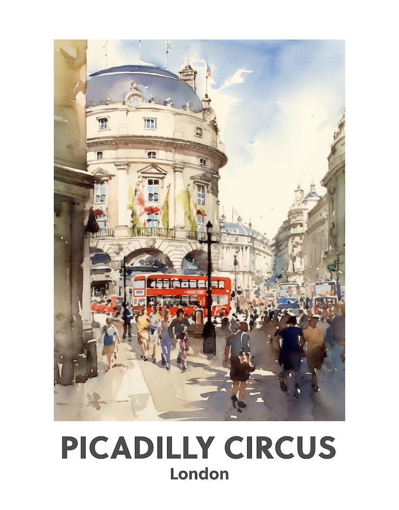 Piccadilly Circus, London 3 Watercolour Travel Poster Art Print by ...