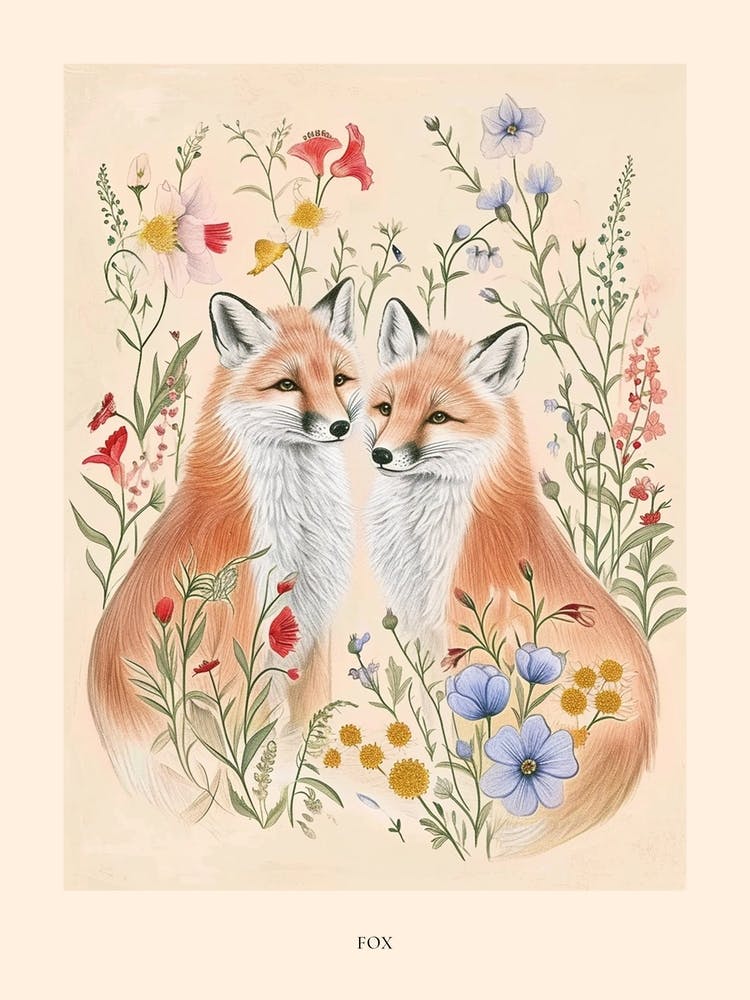 Folksy Floral Animal Drawing Fox 8 Poster Art Print by Scribble Studio ...