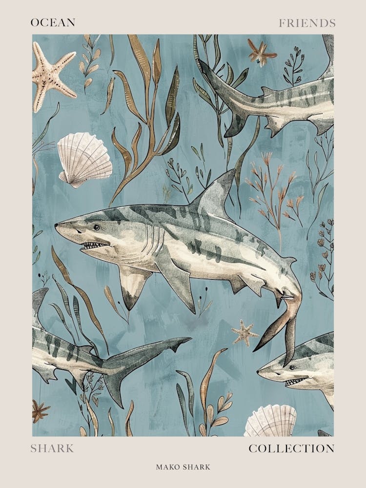 Pastel Blue Mako Shark Watercolour Seascape Pattern 2 Poster Art Print ...