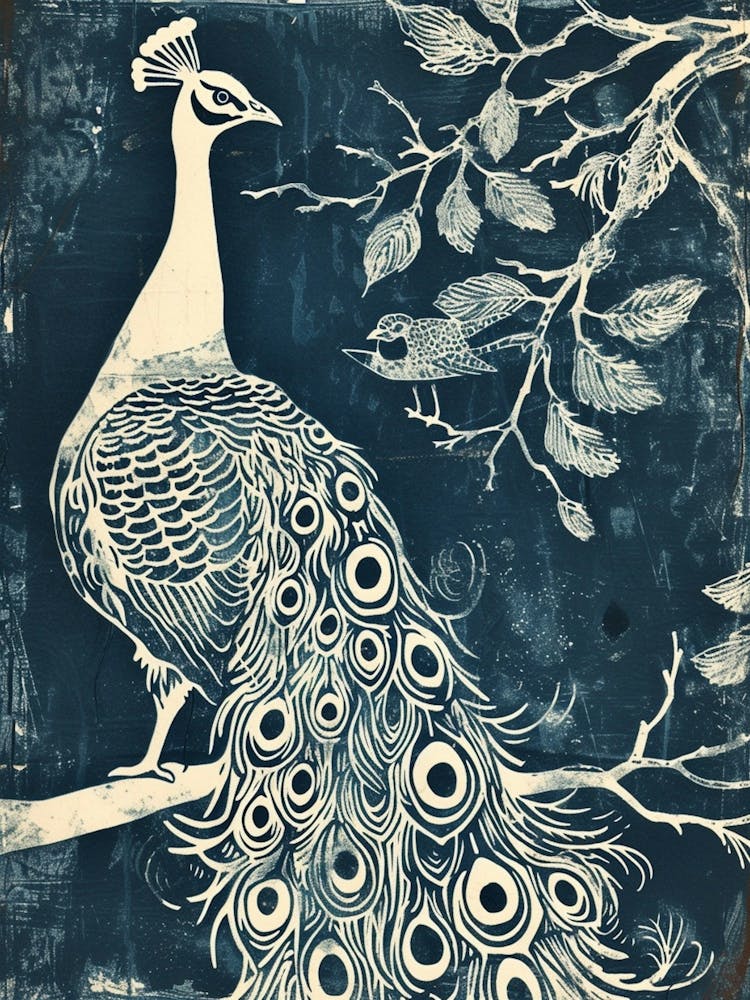 Peacock In The Tree Linocut Inspired 3 Art Print by Featherline – Fy!