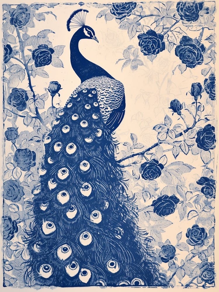Navy Linocut Inspired Peacock With The Roses 4 Art Print by Featherline ...