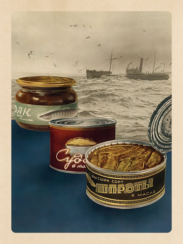 Soviet fish sprats, USSR 1952 — Soviet vintage food poster, kitchen ...