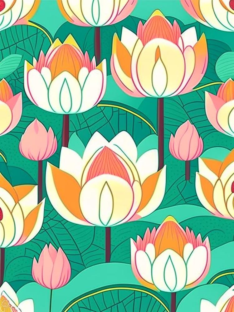 Lotus Flower Repeat Pattern Scandi Cartoon 1 Art Print by The Artsy ...