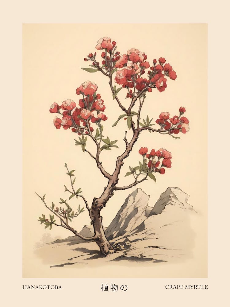 Hanakotoba Crape Myrtle 2 Vintage Japanese Botanical Poster Art Print ...