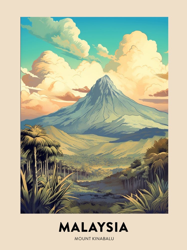 Mount Kinabalu Malaysia Vintage Hiking Travel Poster Art Print by ...