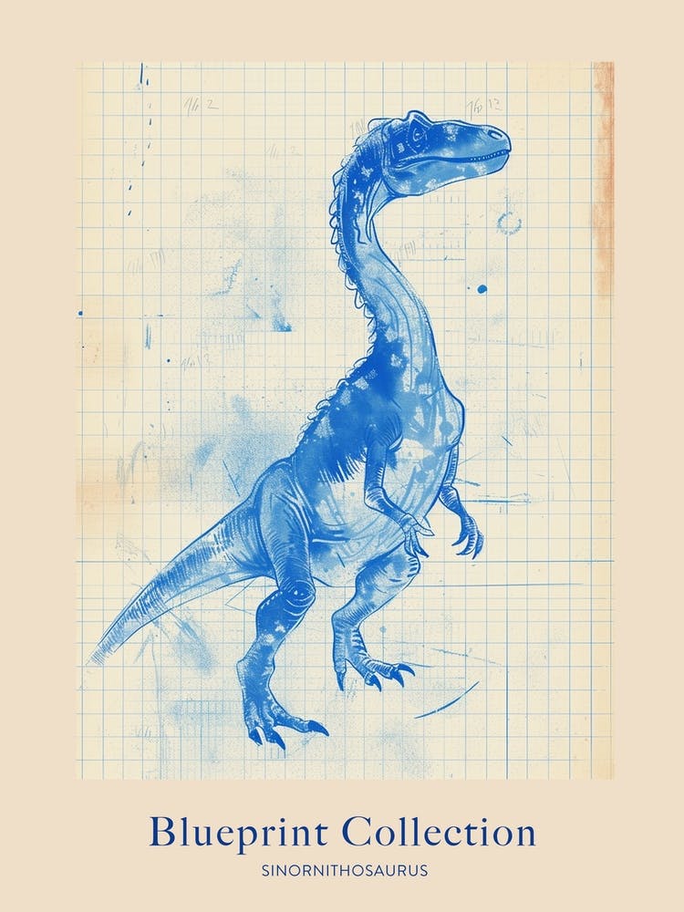 Sinornithosaurus Dinosaur Blue Print Sketch 1 Poster Art Print by Dino ...
