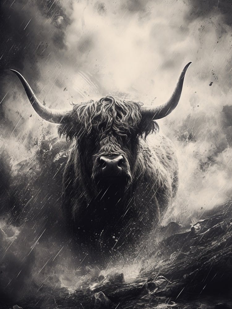 Moody Black & White Illustration Of Highland Cow In The Storm Art Print ...