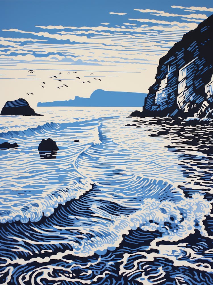 Linocut Of Blackpool Sands Devon 3 Art Print by Sand & Surf Prints – Fy!