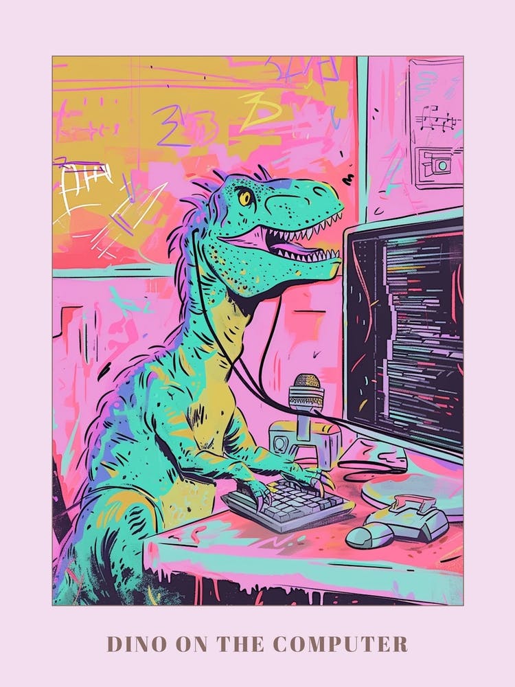 Dinosaur On The Computer Pastel Illustration Poster Art Print by Dino ...