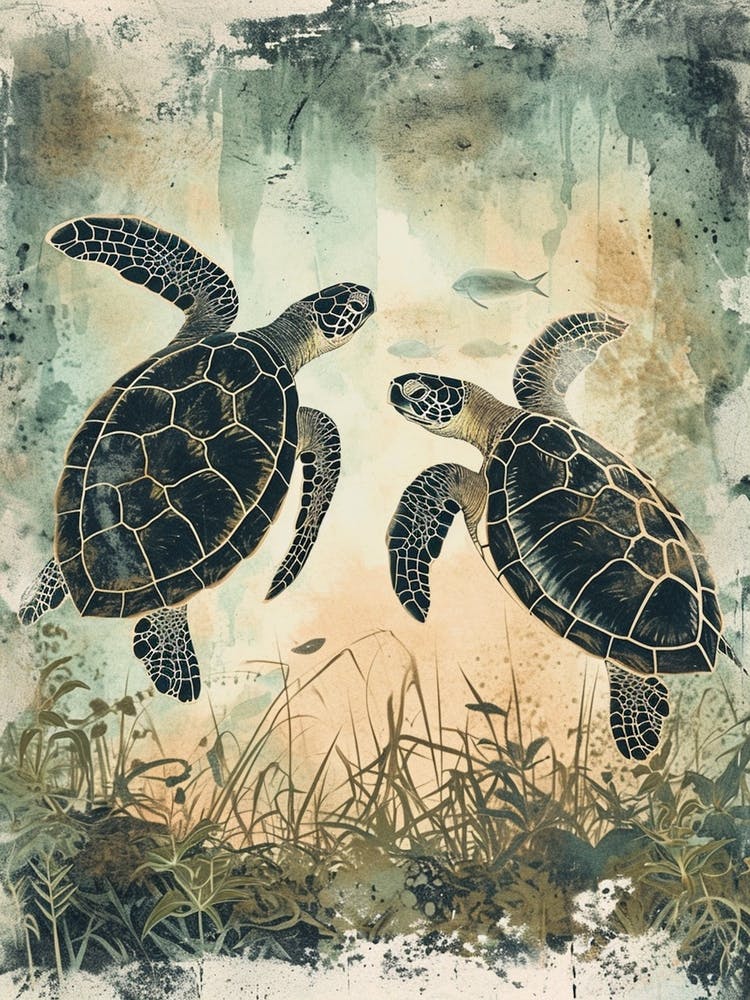 Vintage Sea Turtle Friends Illustration 3 Art Print by Energy of the ...